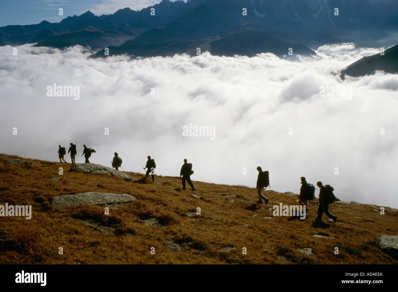Group of people hiking in mountains Stock Photo - Alamy