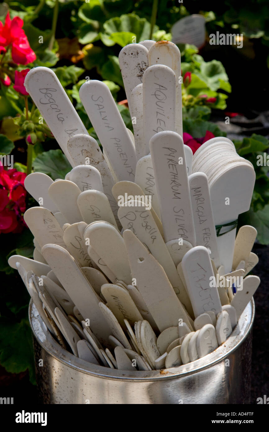 Greenhouse hand written plant labels Stock Photo - Alamy