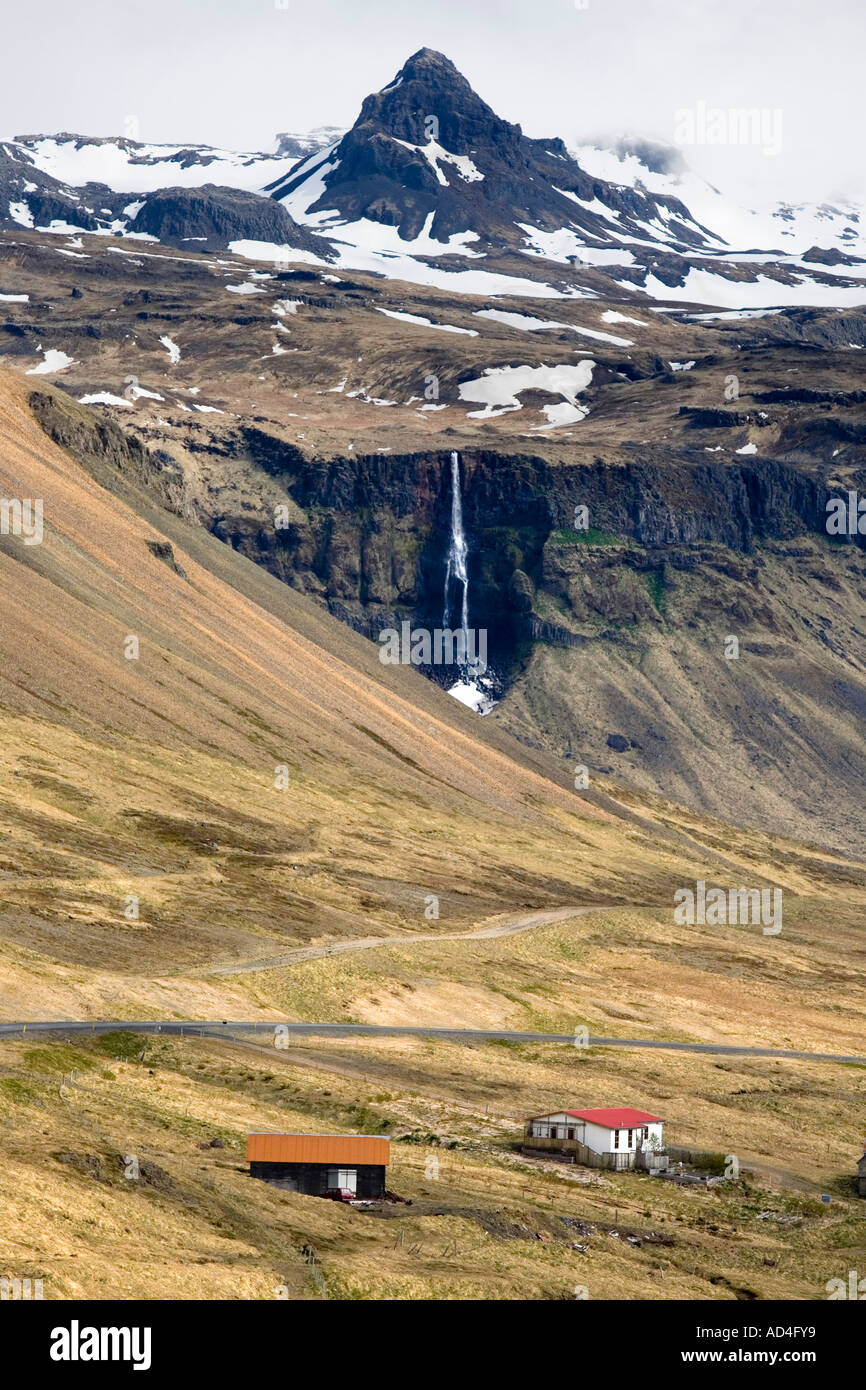 Houses and waterfall - the Snaefellsnes Peninsula Stock Photo - Alamy