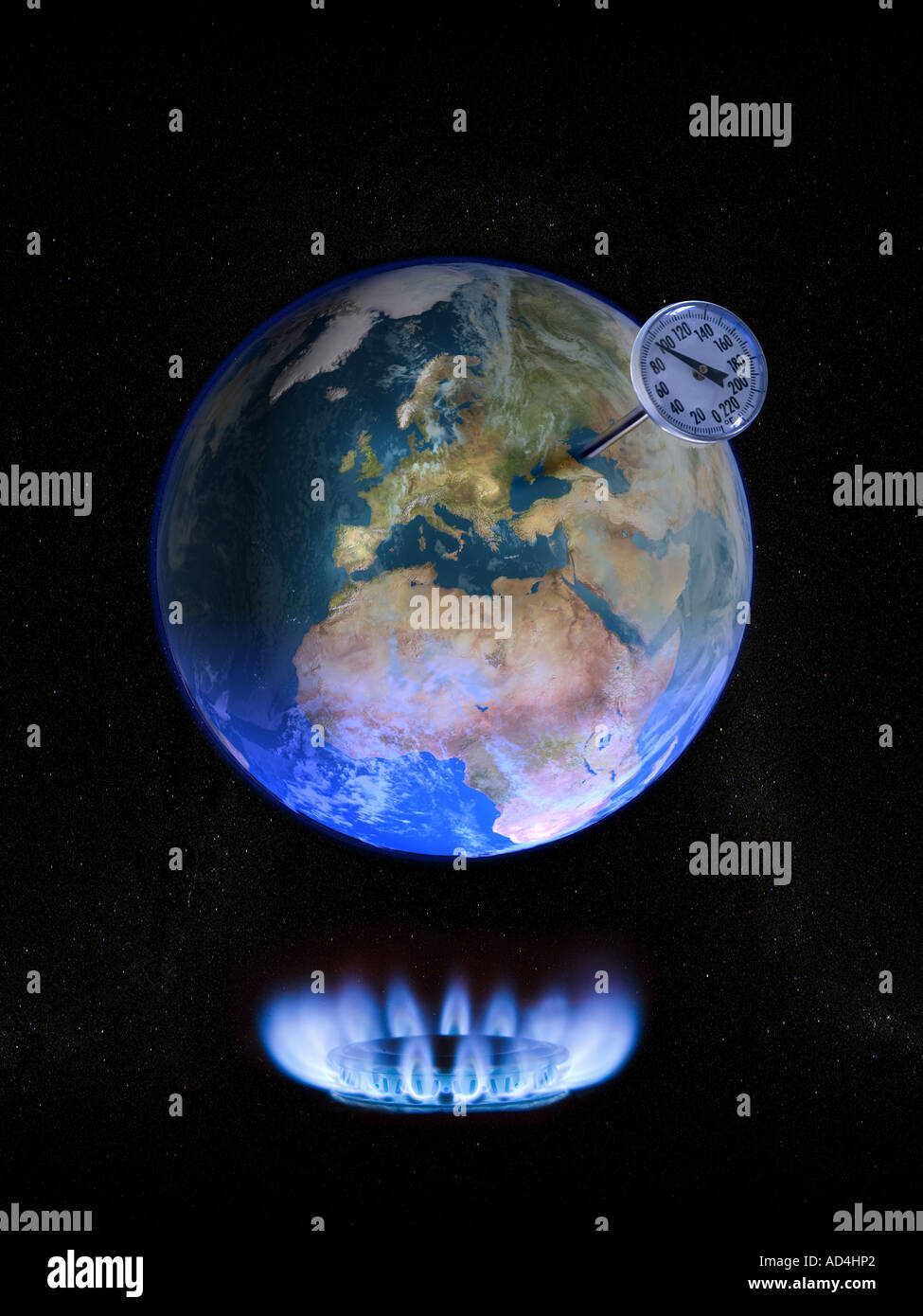 The planet earth being heated over a gas burner illustrating the ...