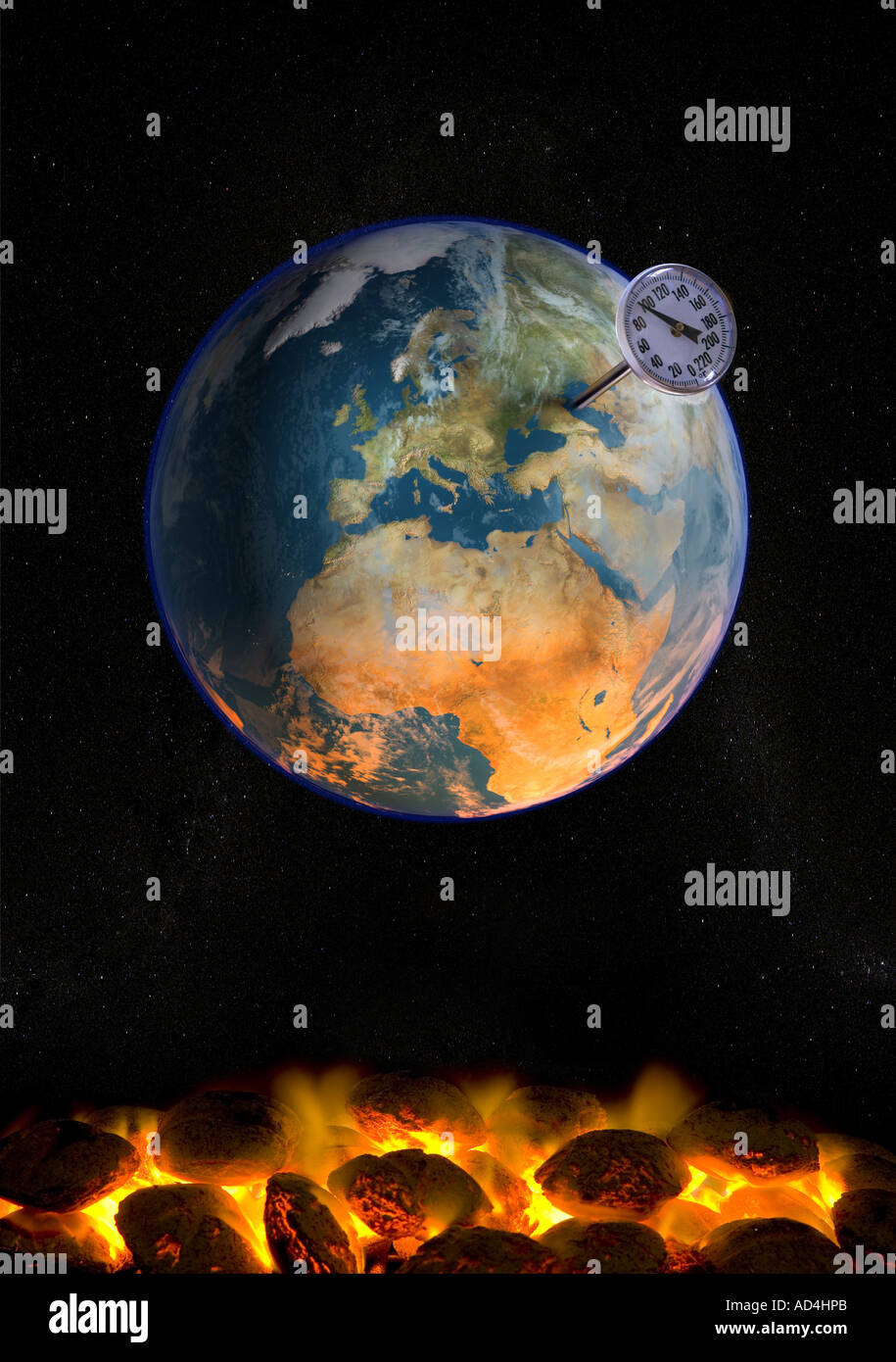 The planet earth being heated by lit coals illustrating global warming ...