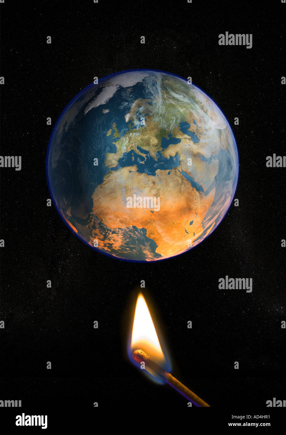 The planet earth being heated by a lit match illustrating global ...