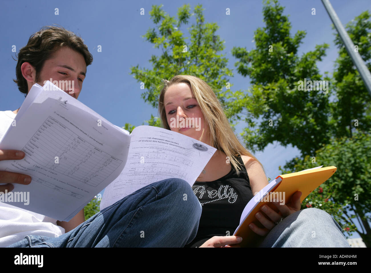 Students looking at a document Stock Photo - Alamy