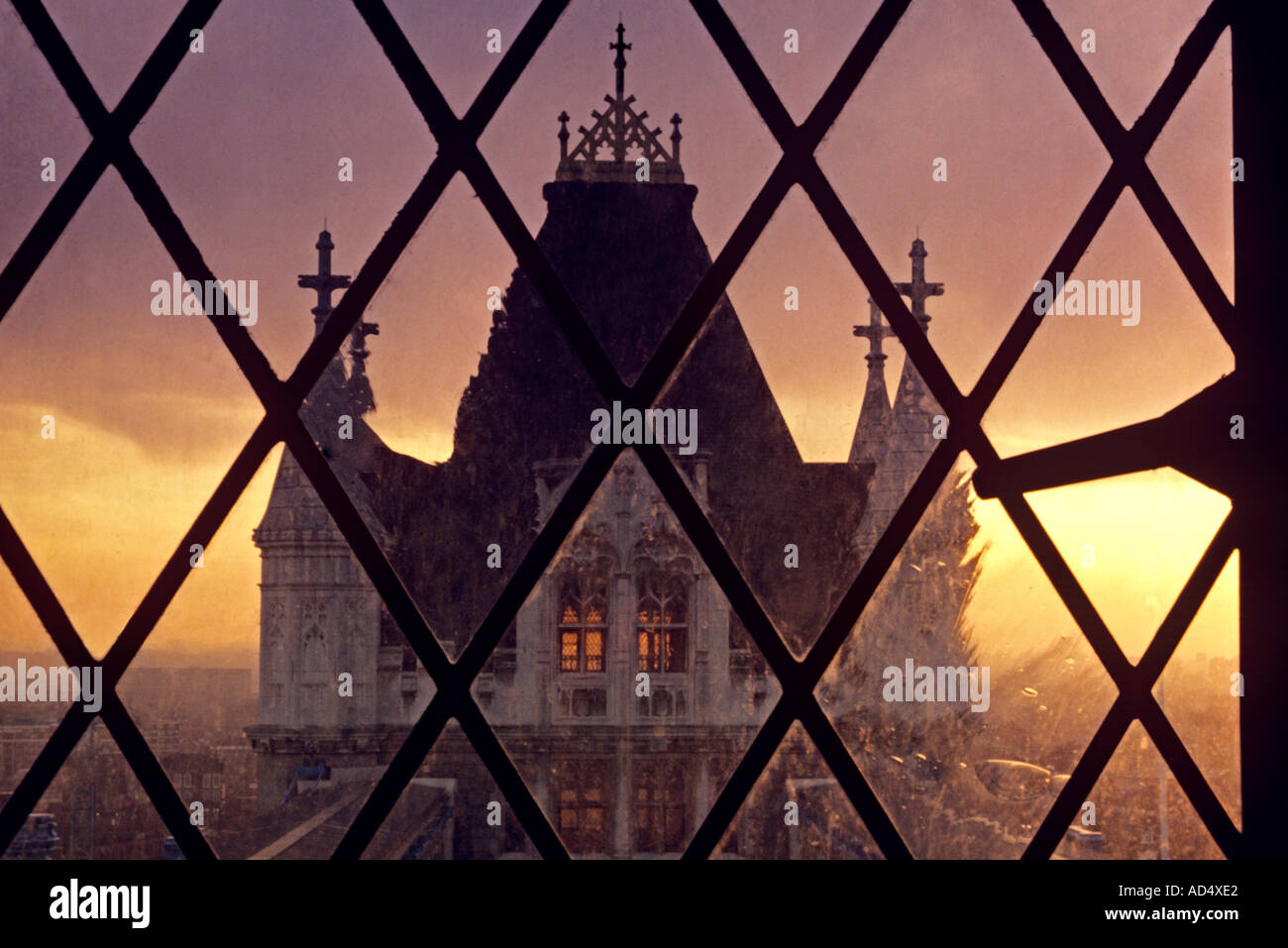 Unique view of Tower Bridge seen through the weathered leaded light ...