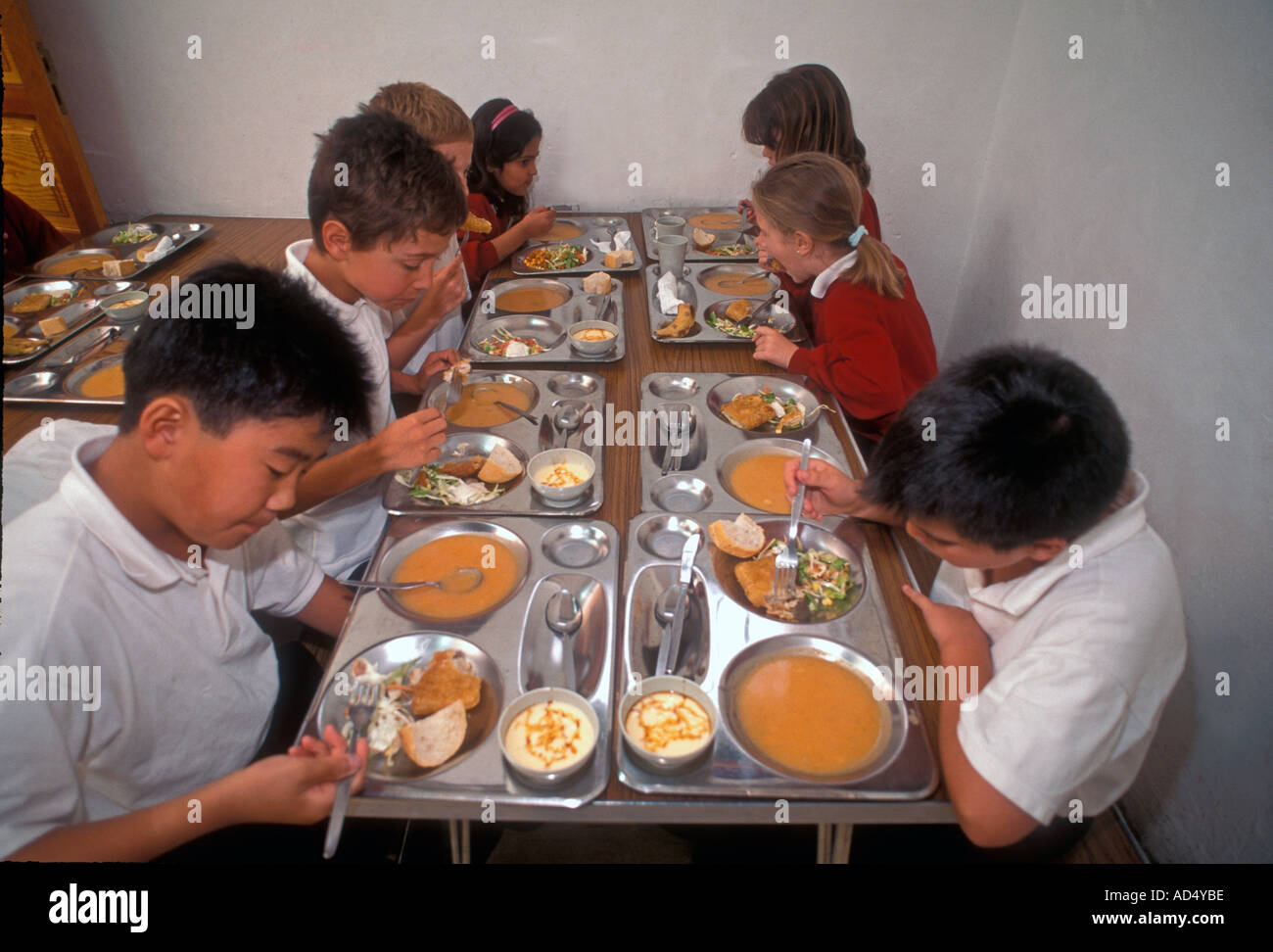 Group of multiracial junior pupils having formal healthy balanced lunch ...