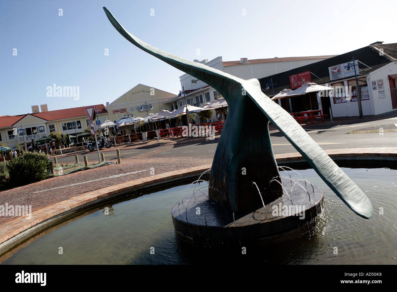 Fountain statue of whale flukes at Hermanus in the Western Cape, South ...