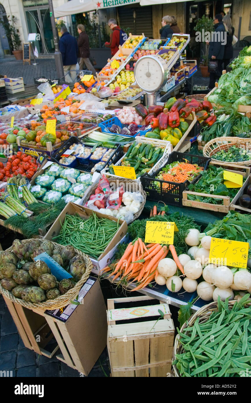 Rome Italy street market in the Campo dei fiori with vegetable stalls ...
