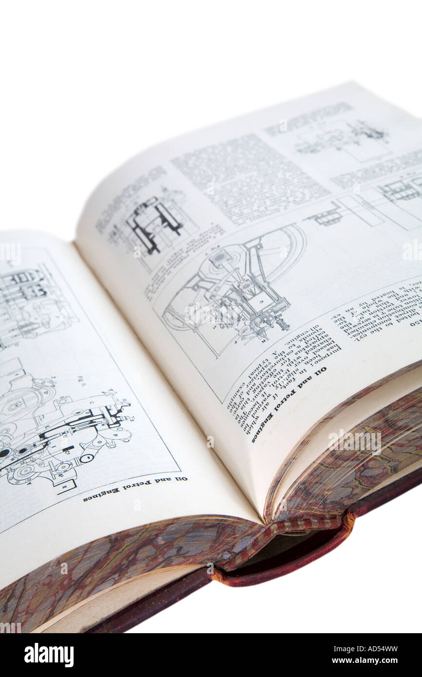 Encyclopedia open showing drawings marbled page edges and leather ...