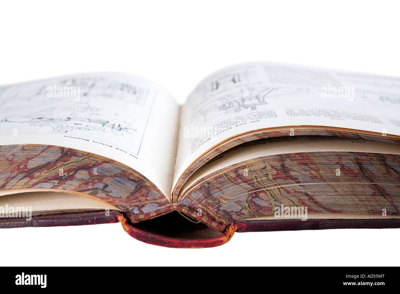 Encyclopedia open showing drawings marbled page edges and leather ...
