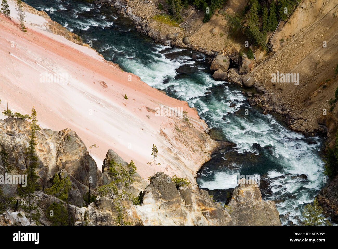 The Yellowstone River and canyon, the multi colored rock formations ...