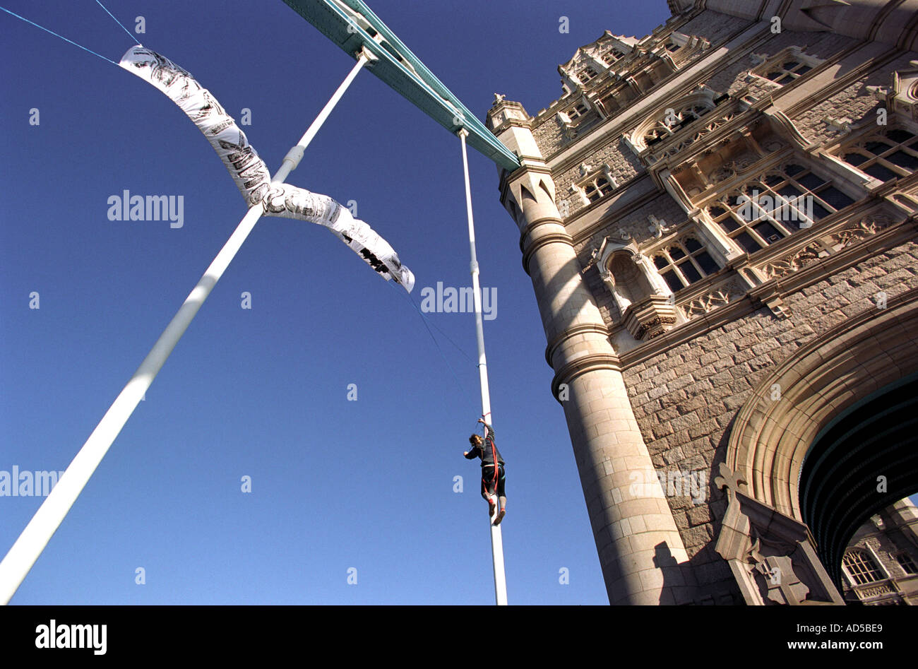 Protesters put up a banner on Tower Bridge in London Britain UK Stock ...