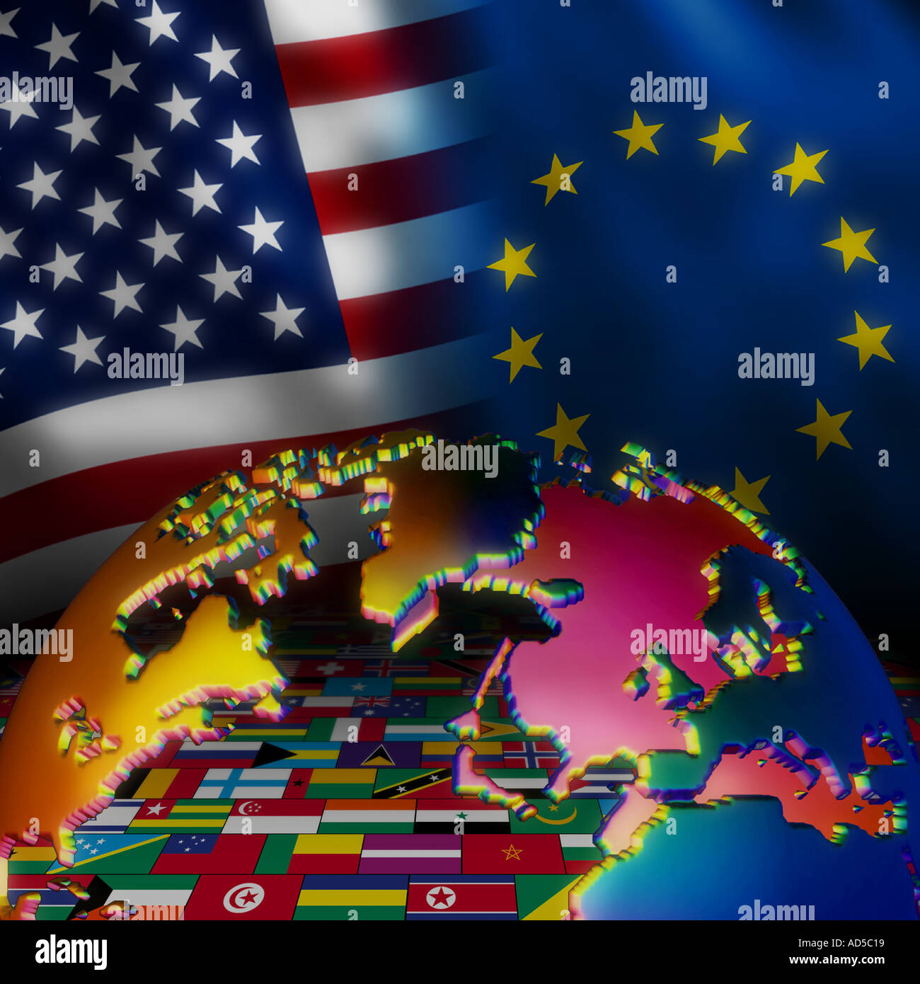 The American Flag and The European Union Flag Behind Top of World Globe ...