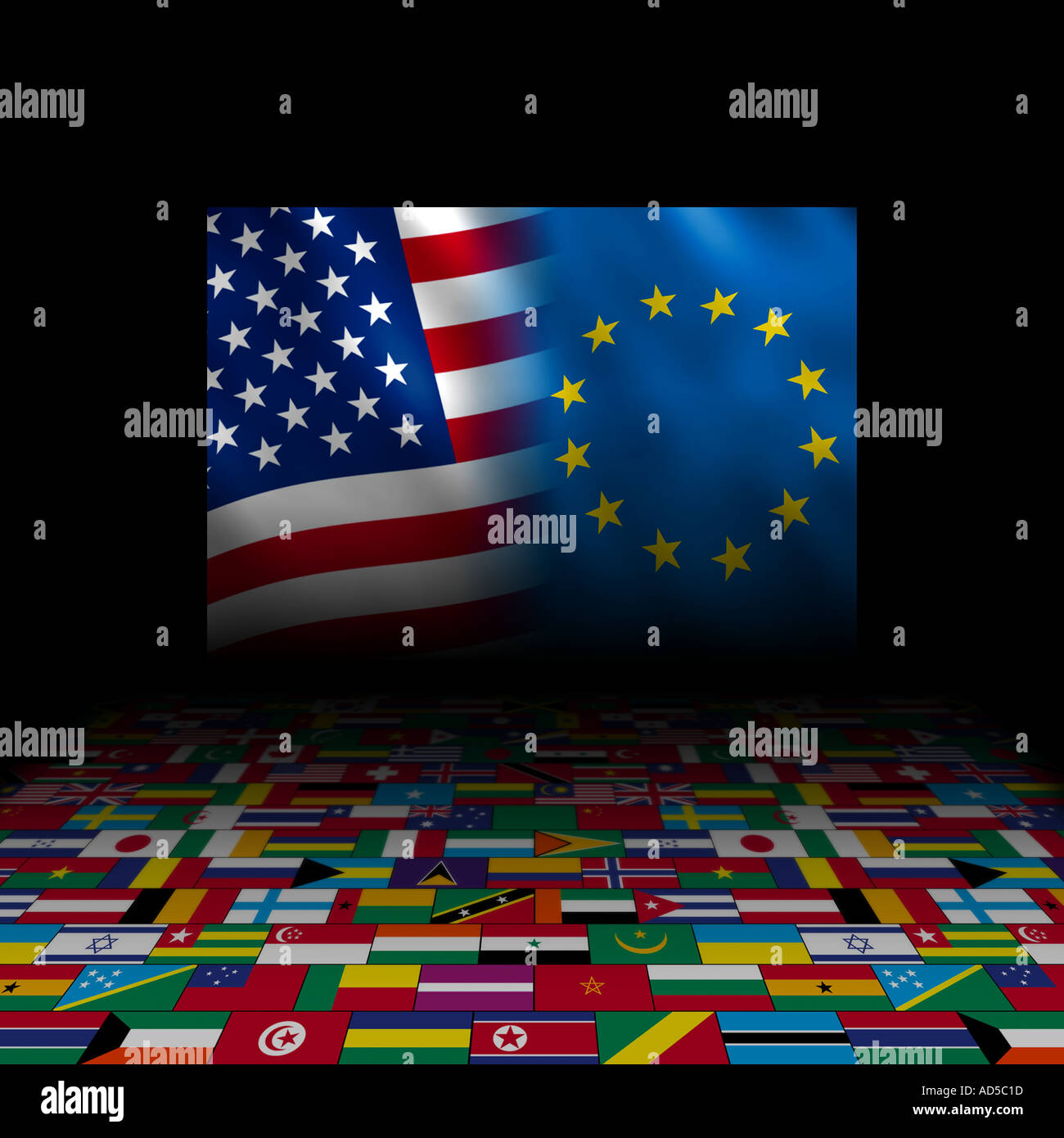 US and EU Flags over Endless Stretch of Flags of the Nations of the ...
