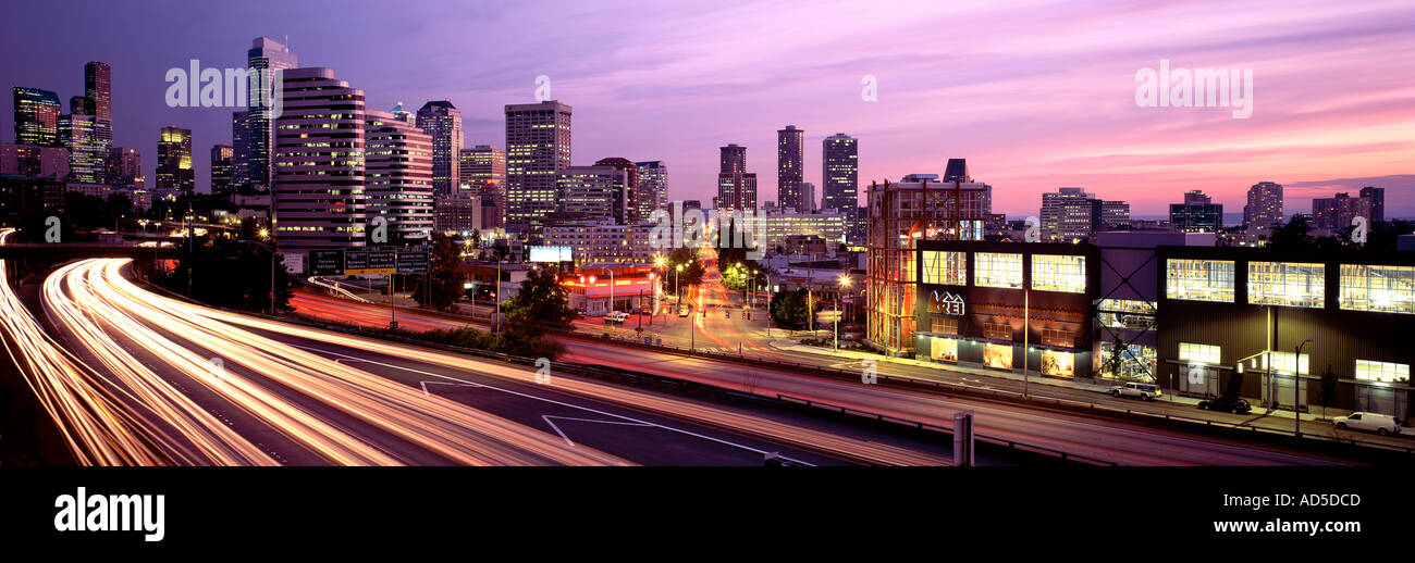 Dusk downtown Seattle skyline 5 freeway REI store Seattle Washington ...