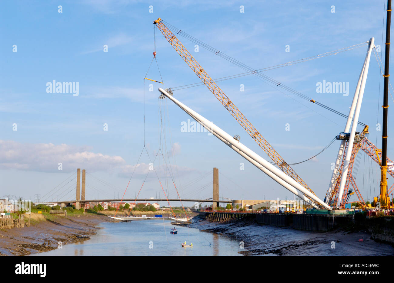Foot and cycle bridge under construction over the River Usk at Newport ...