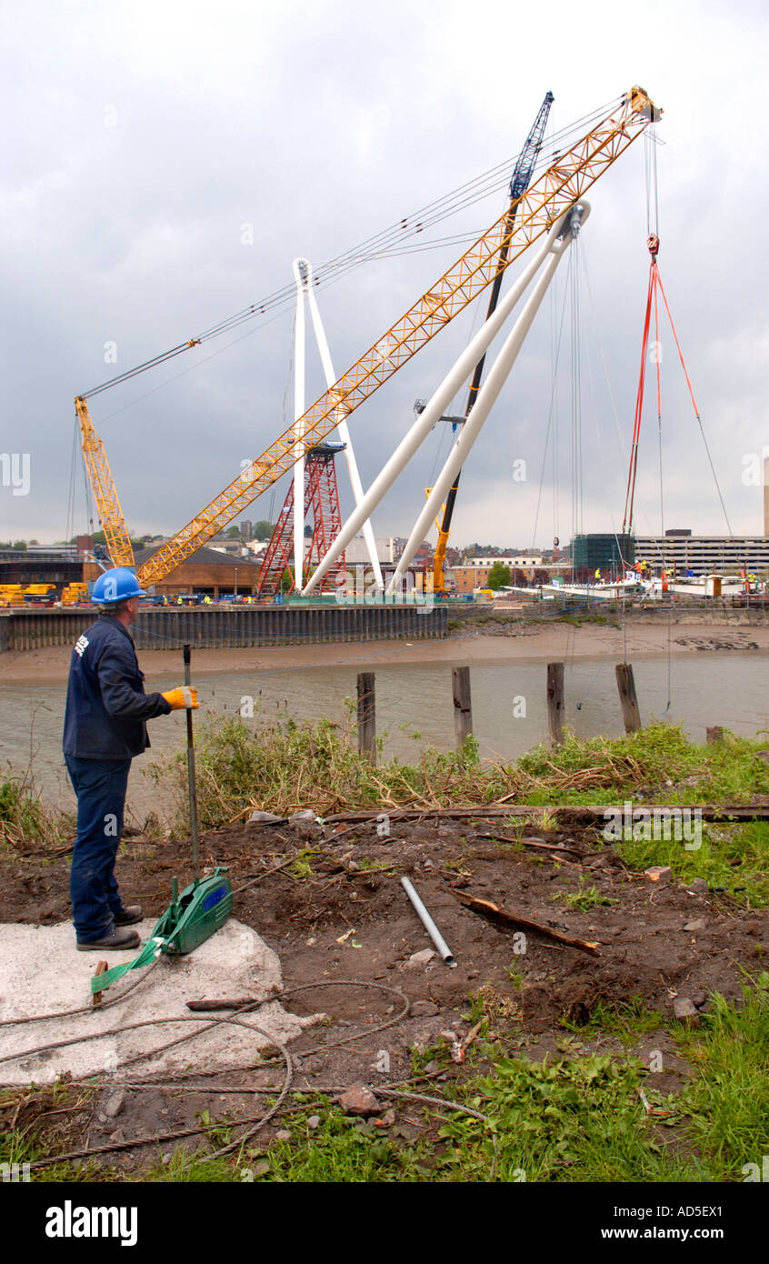 Foot and cycle bridge under construction over the River Usk at Newport ...