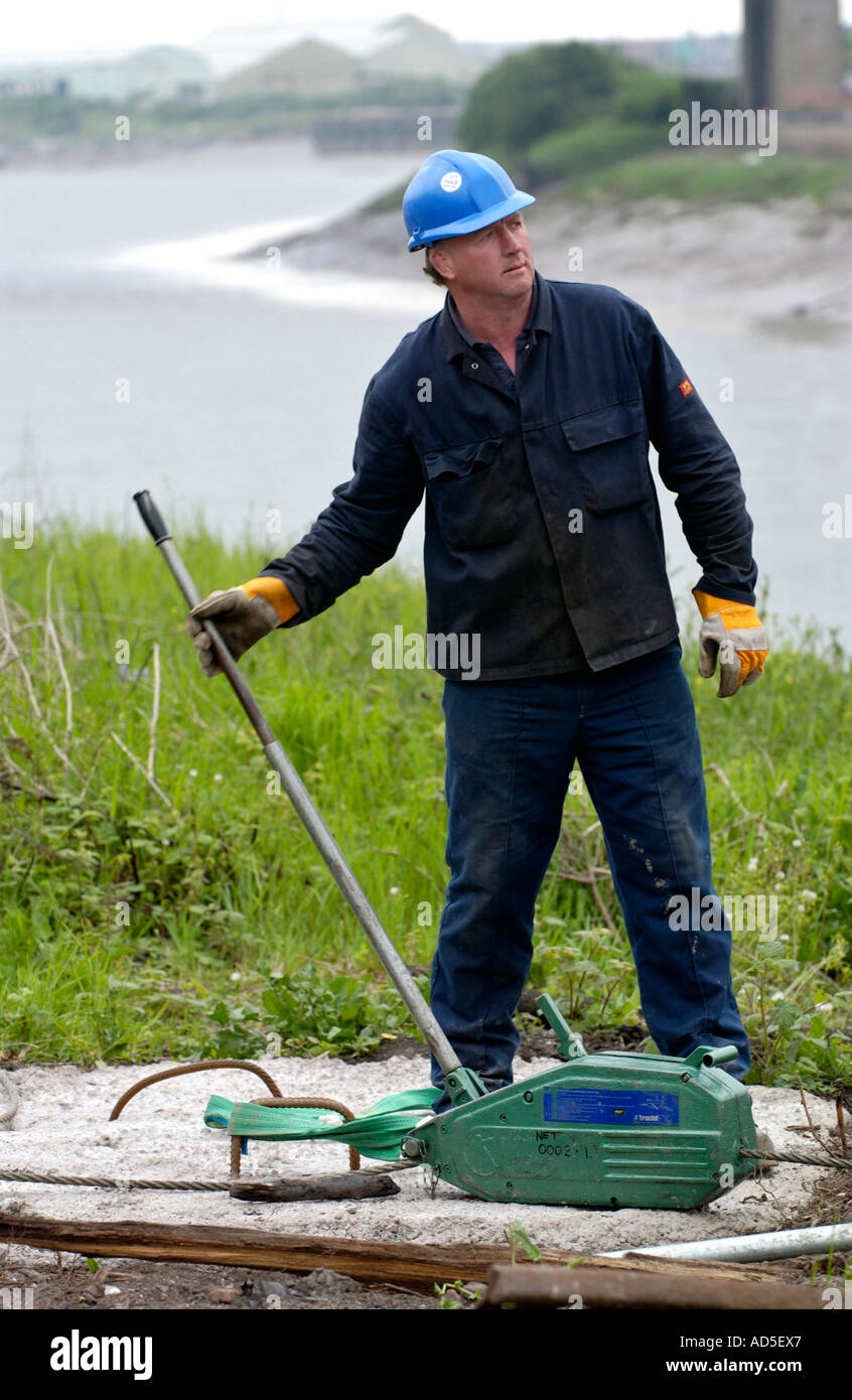 Winch man working on bridge under construction over the River Usk at ...