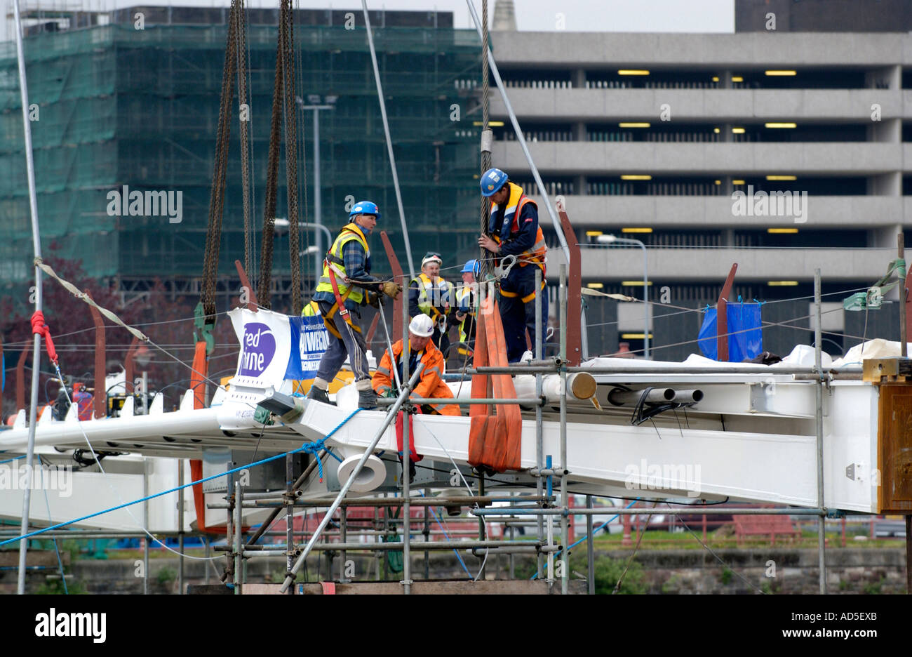 Foot and cycle bridge under construction over the River Usk at Newport ...