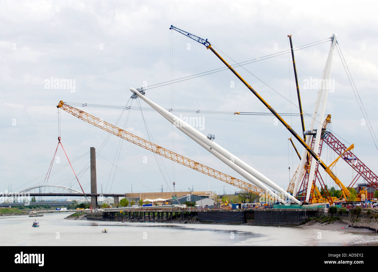 Foot and cycle bridge under construction over the River Usk at Newport ...