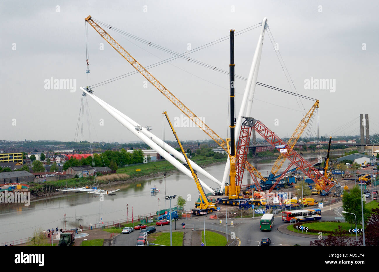 Foot and cycle bridge under construction over the River Usk at Newport ...