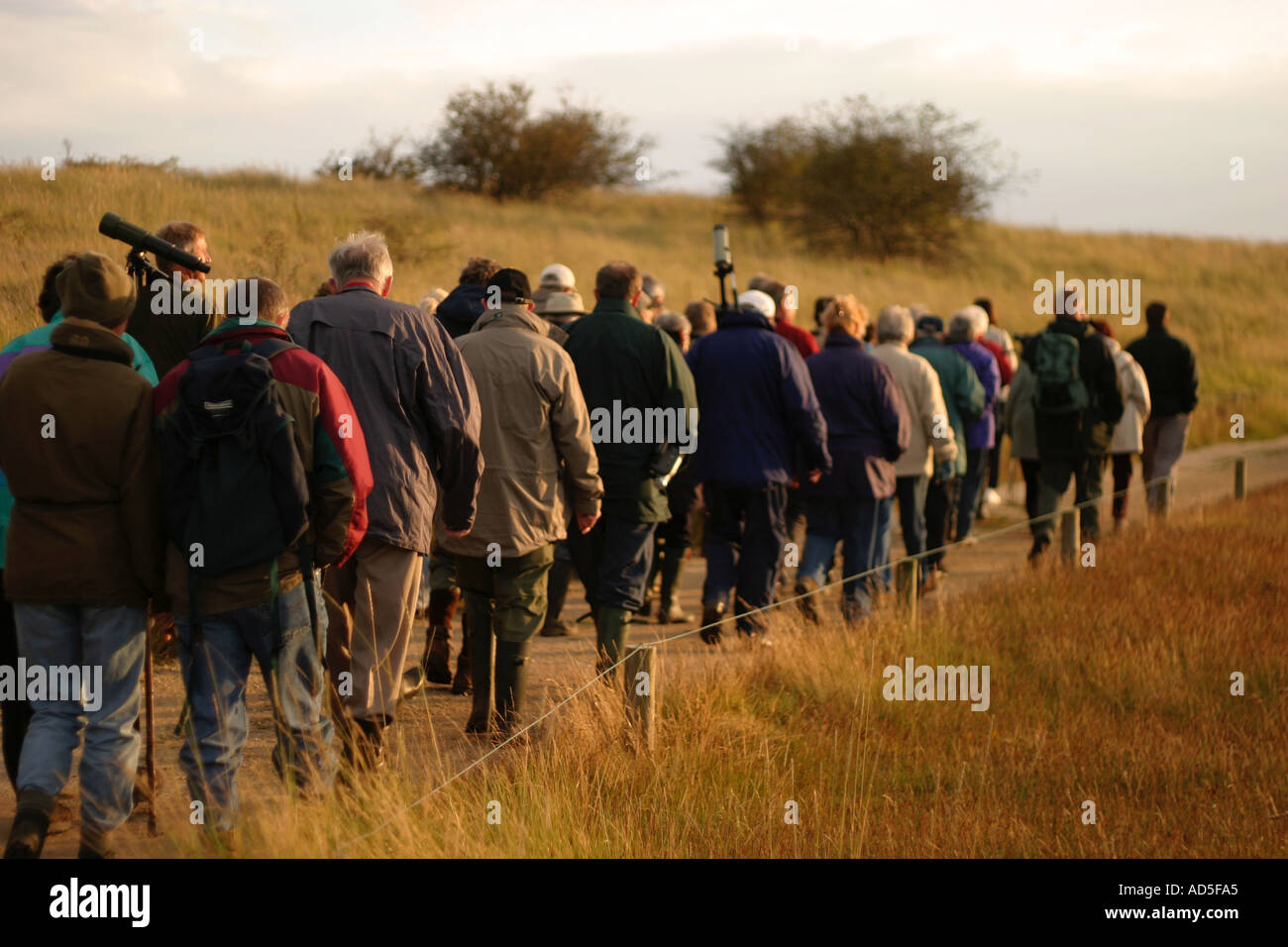 Big group of Bird Watchers walking Stock Photo - Alamy