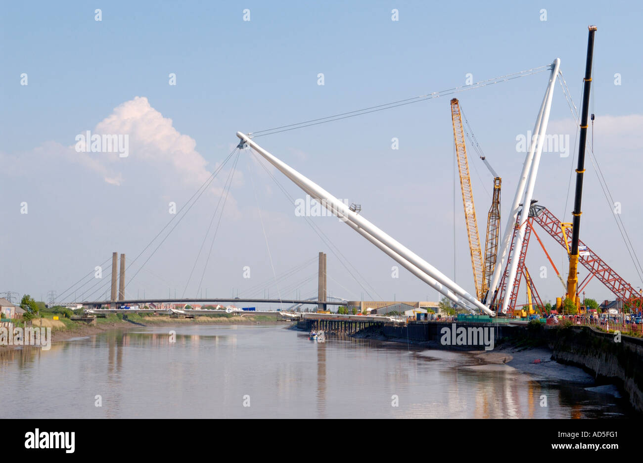 Foot and cycle bridge under construction over the River Usk at Newport ...