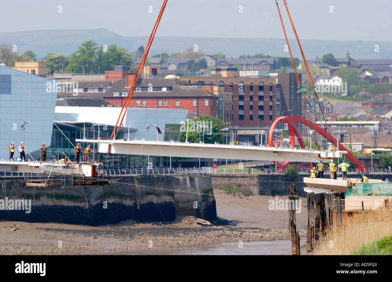 Foot and cycle bridge under construction over the River Usk at Newport ...