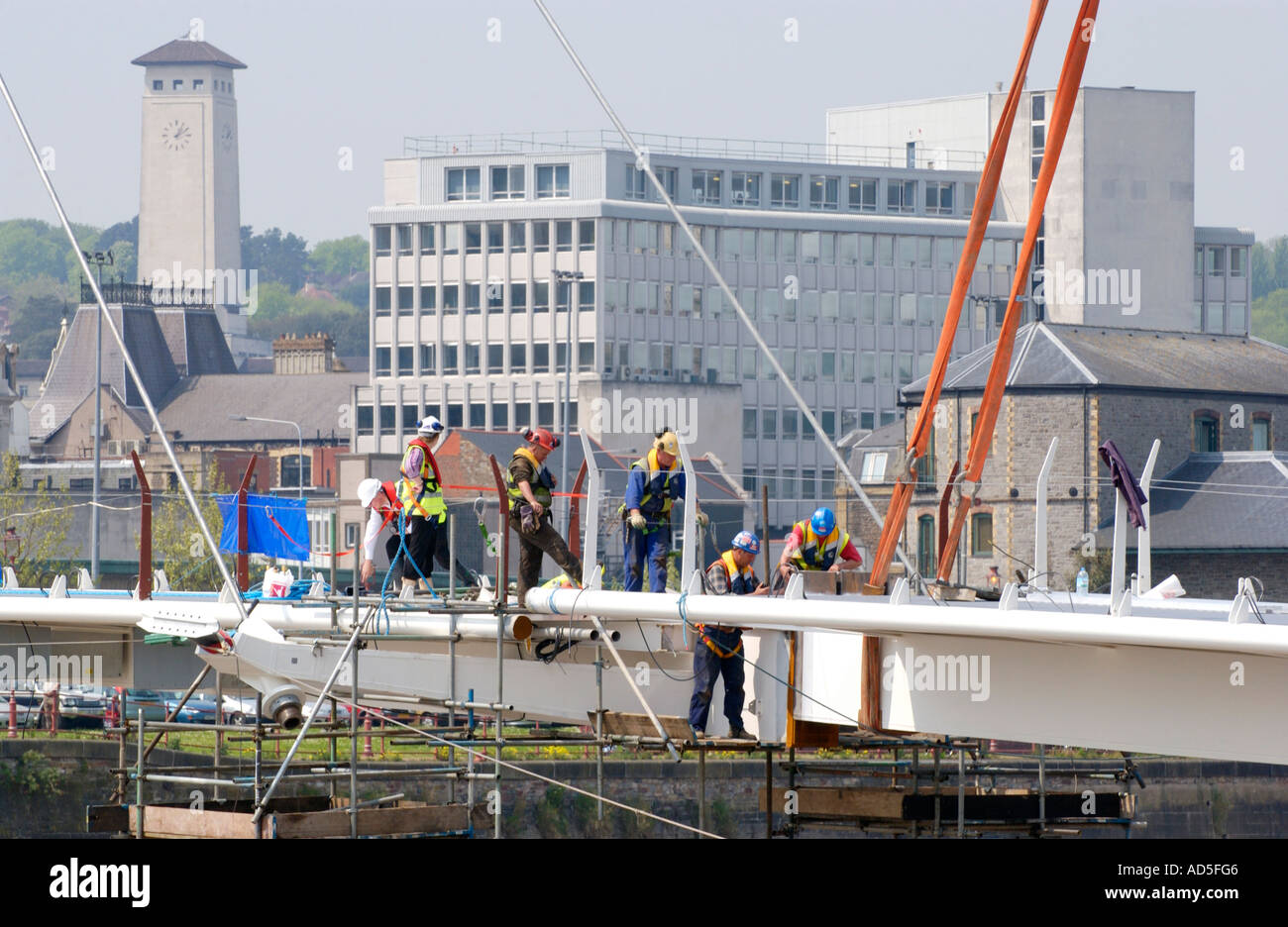 Foot and cycle bridge under construction over the River Usk at Newport ...