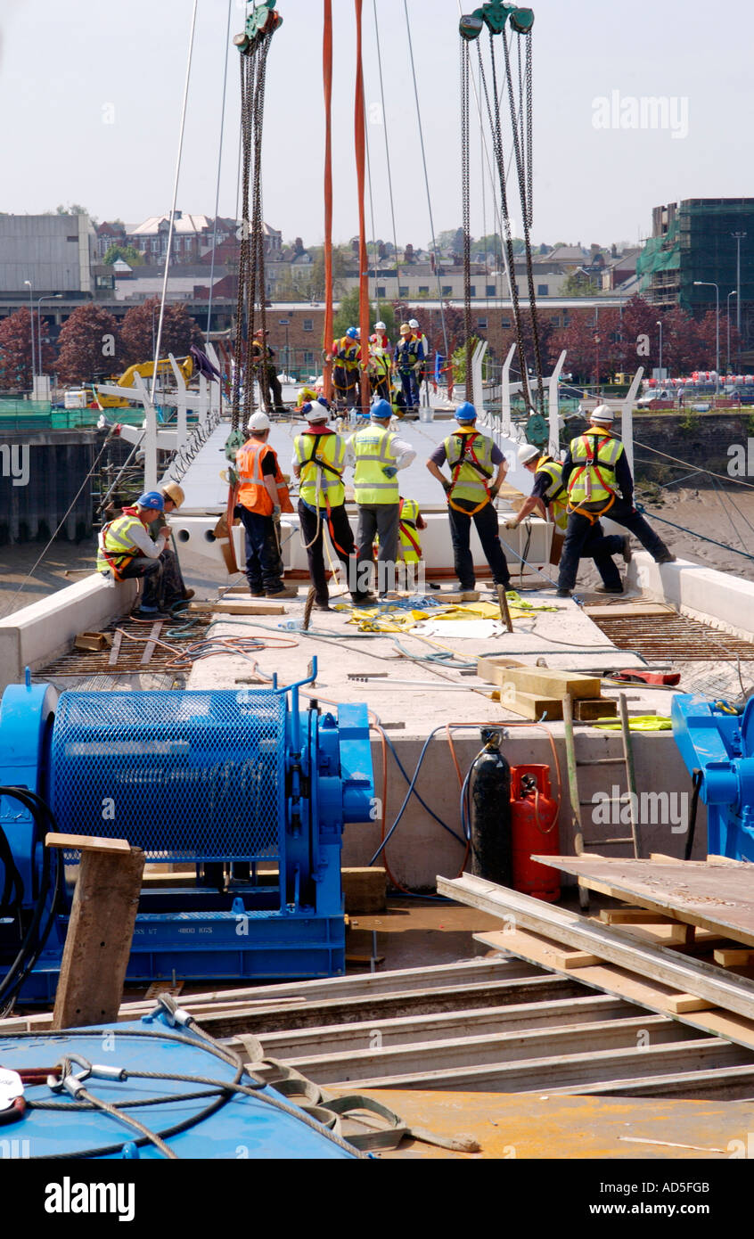 Foot and cycle bridge under construction over the River Usk at Newport ...