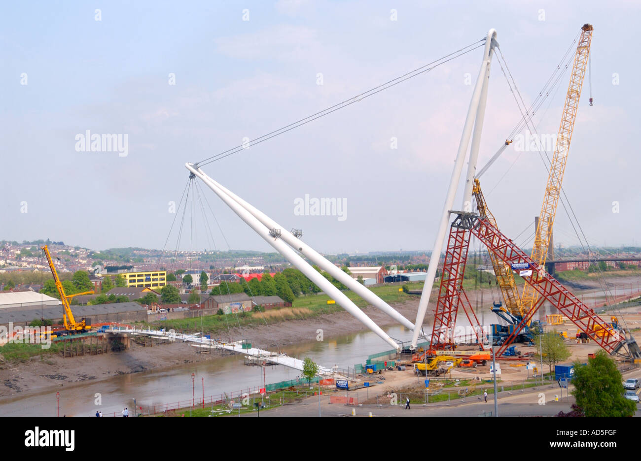 Foot and cycle bridge under construction over the River Usk at Newport ...