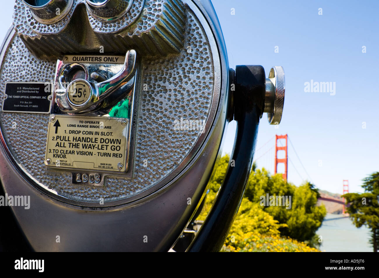 Coin operated binoculars with the San Francisco Golden Gate Bridge in ...