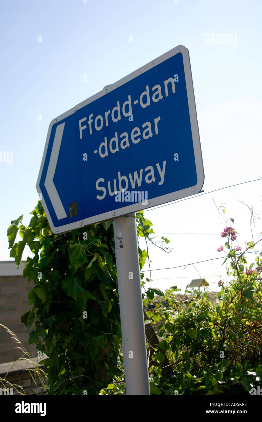 Bilingual welsh english pedestrian Subway sign at Aberdyfi Aberdovey ...