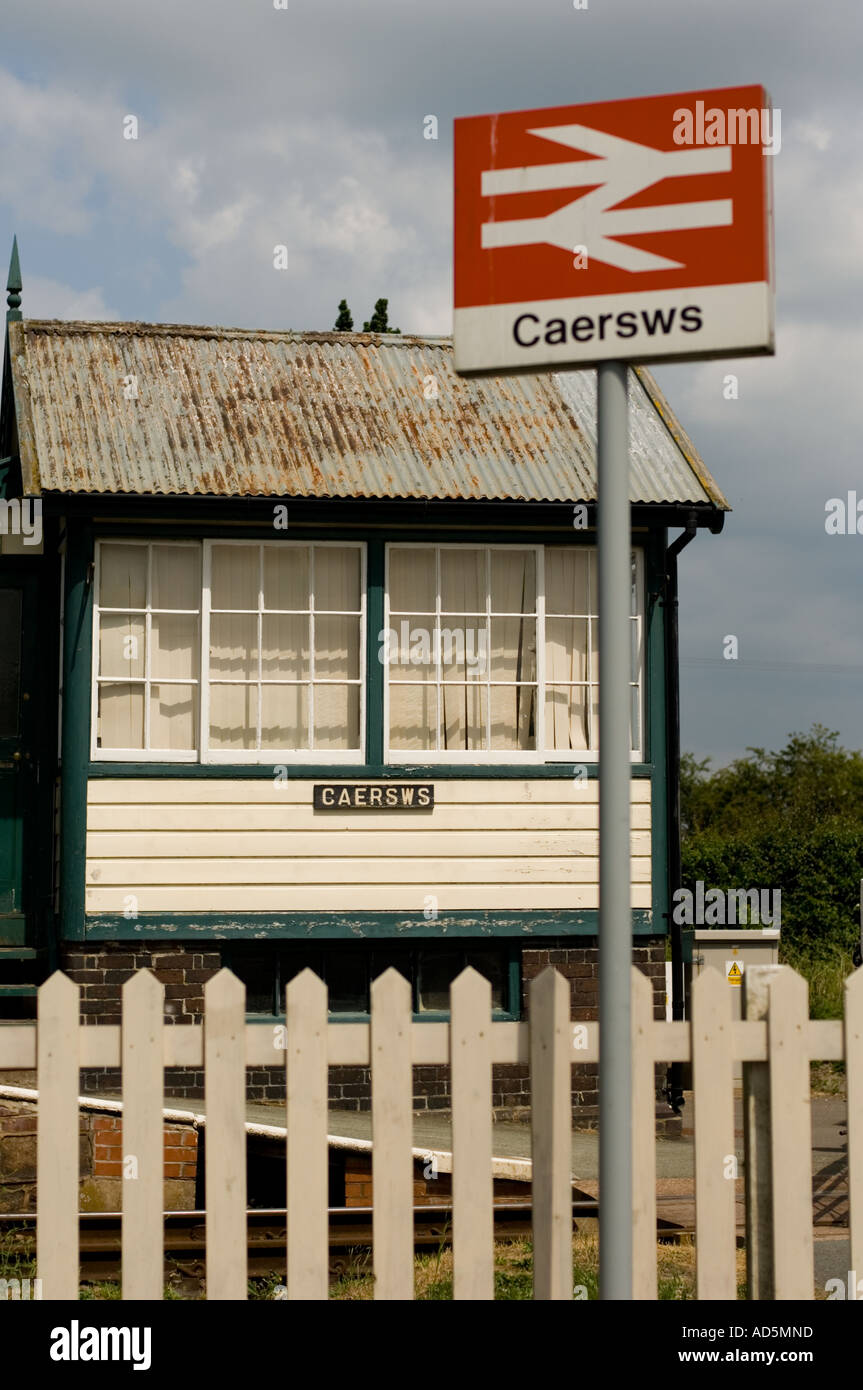 Caersws station signal box and station sign Stock Photo - Alamy