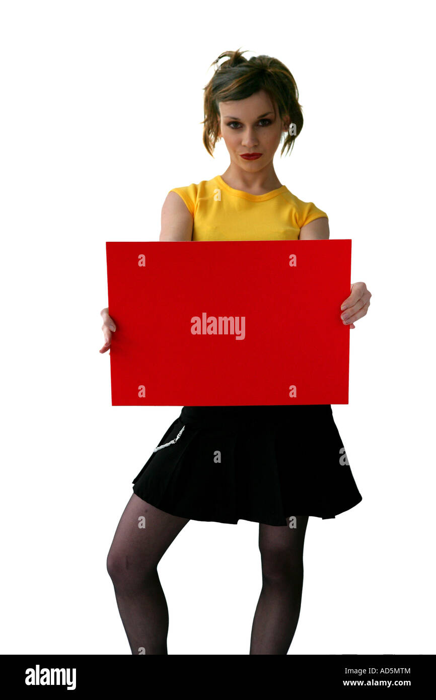 Young woman showing a red display panel Stock Photo - Alamy