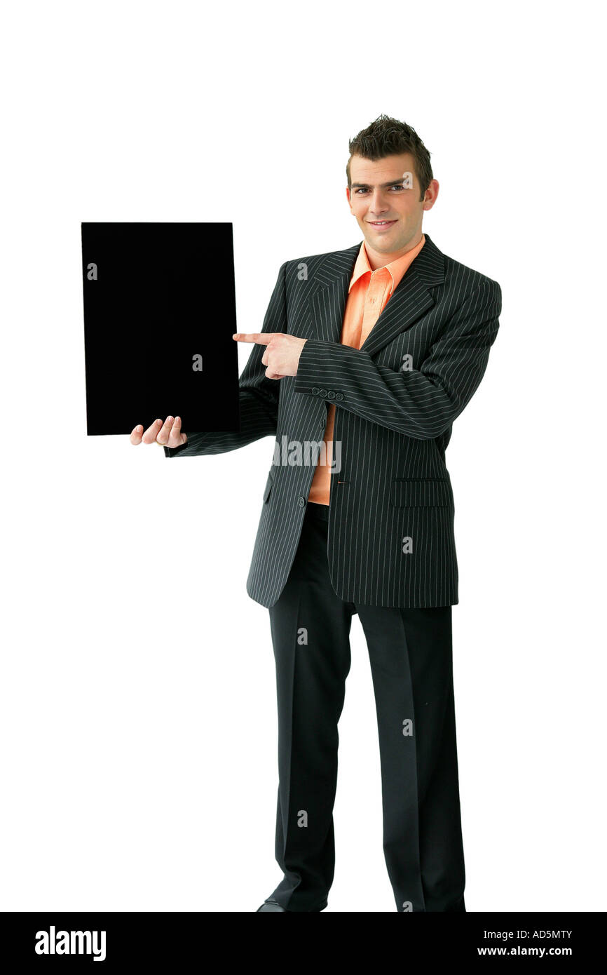 Man showing a black display board Stock Photo - Alamy
