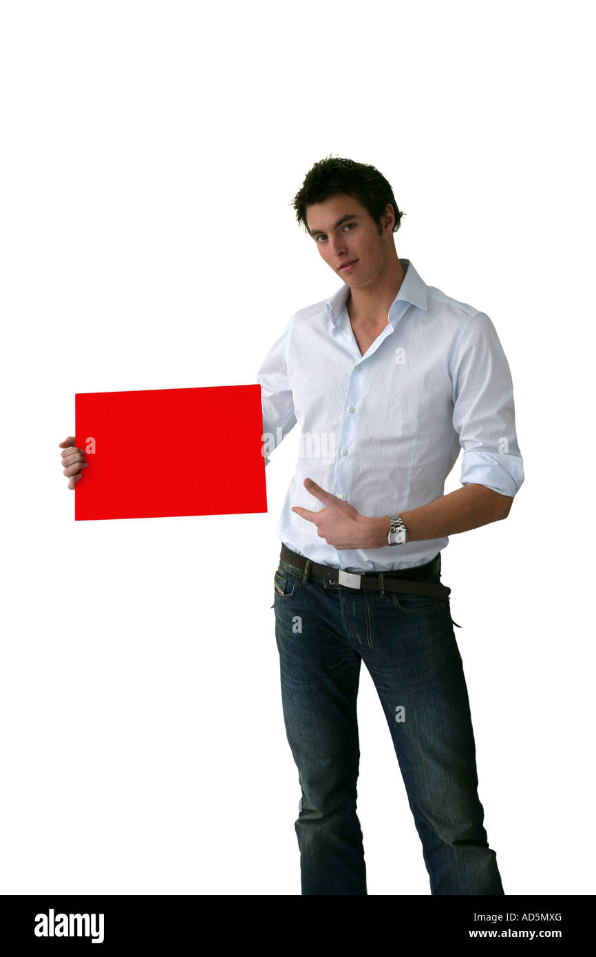 Man showing a red display board Stock Photo - Alamy