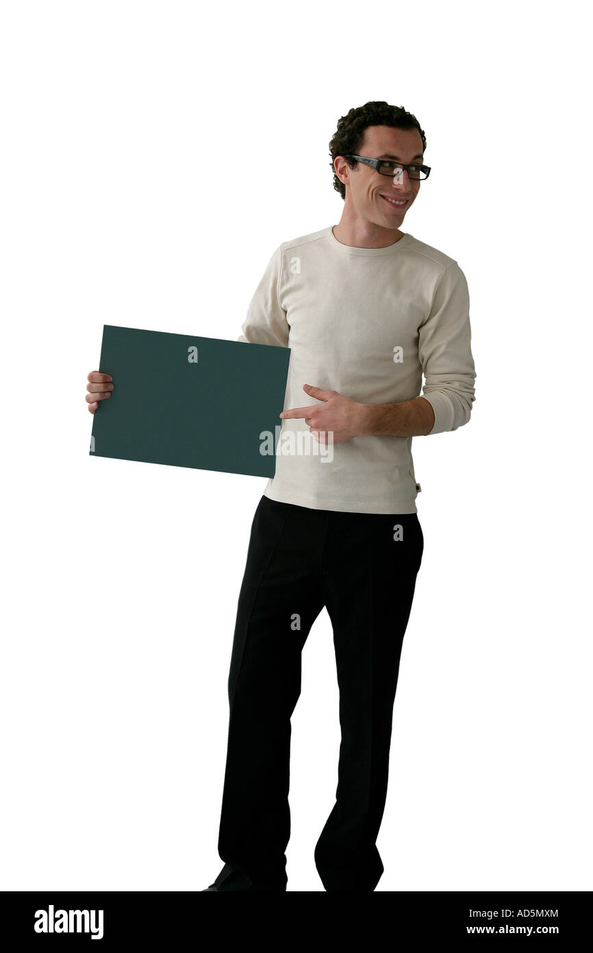 Man showing a grey display board Stock Photo - Alamy