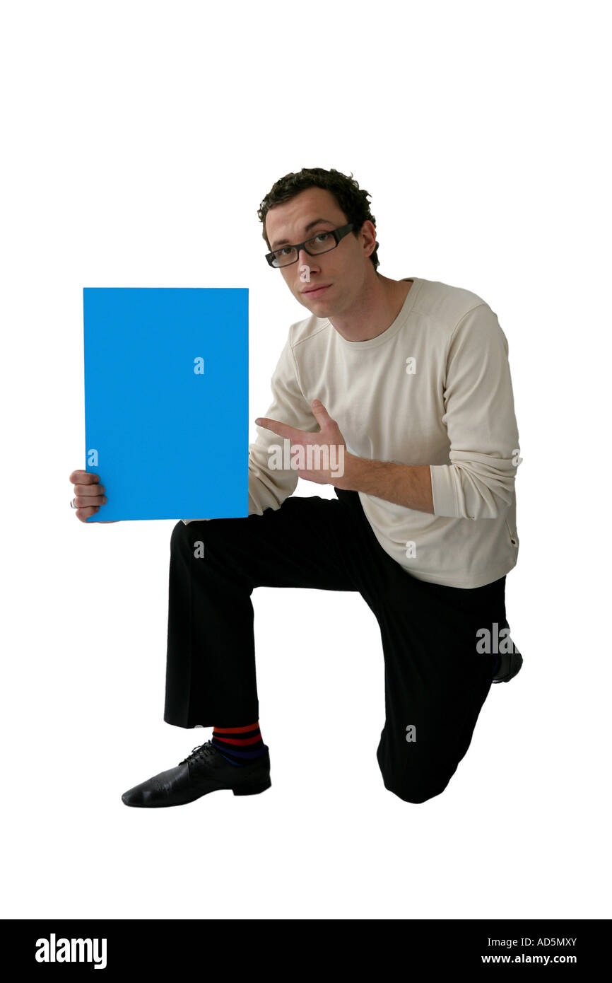 Man showing a blue display board Stock Photo - Alamy