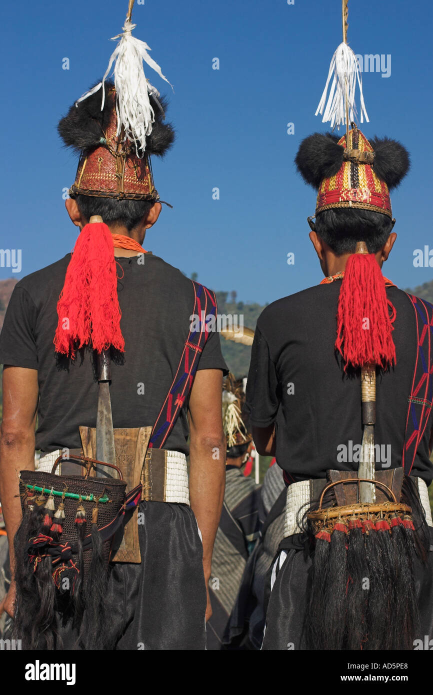 MYANMAR BURMA Naga men wearing headdress made of woven cane decorated ...