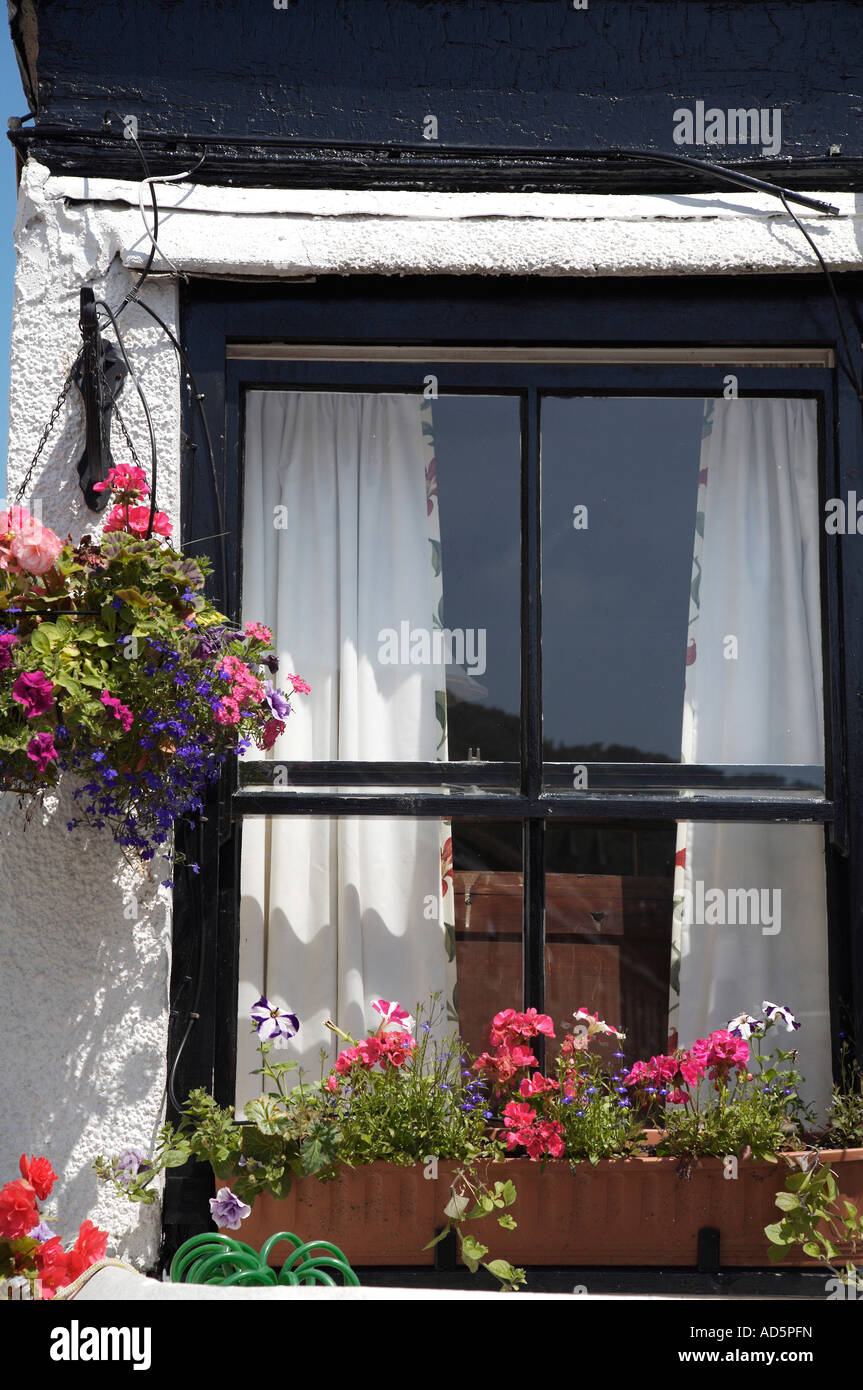 Close up of sash window with hanging baskets and windowbox Stock Photo ...