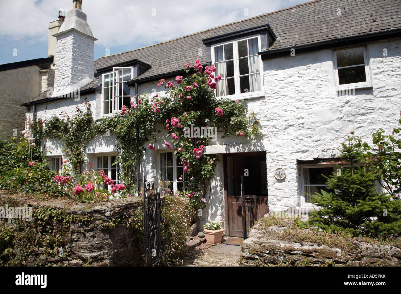 Traditional white stone cottage with pink climbing rose over the door ...