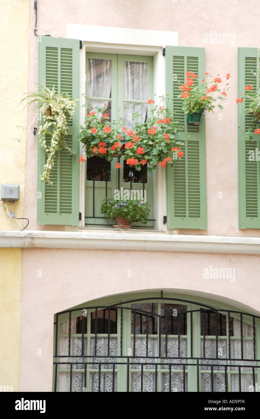 Green louvre shutters and window with red geraniums in hanging basket ...