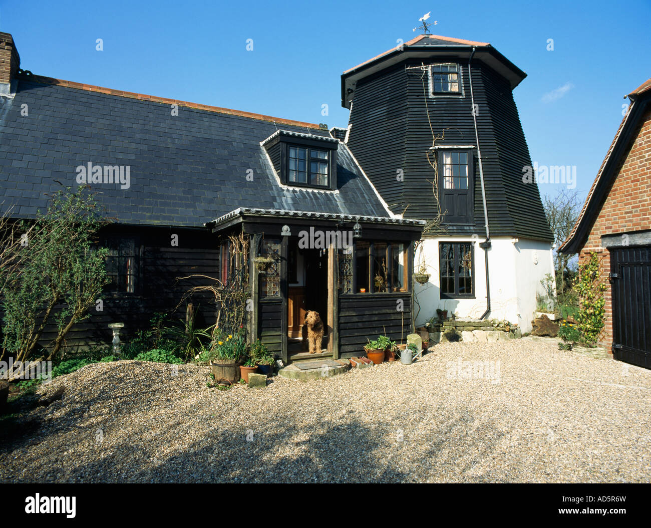 Dog in doorway of converted windmill with gravel courtyard Stock Photo ...