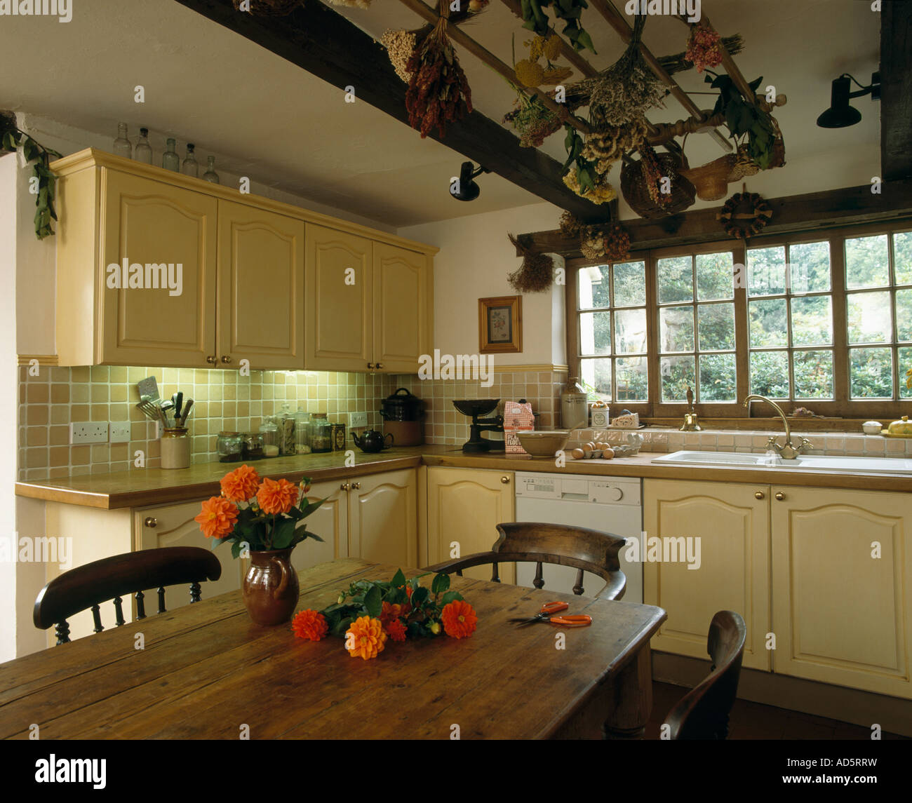 Wooden drying rack above table in country kitchen Stock Photo - Alamy
