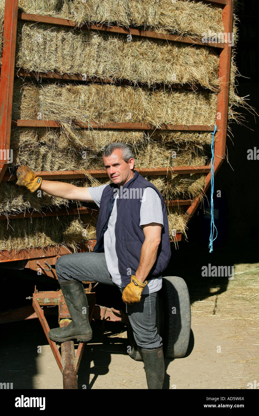 Farmer near a pile of dry hay Stock Photo - Alamy