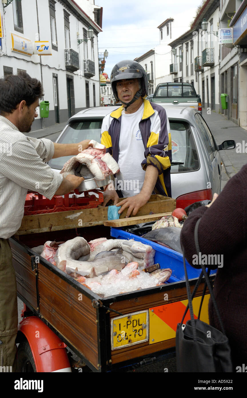 Buying fresh fish from a cart at Ribiera Grande Sao Miguel island ...