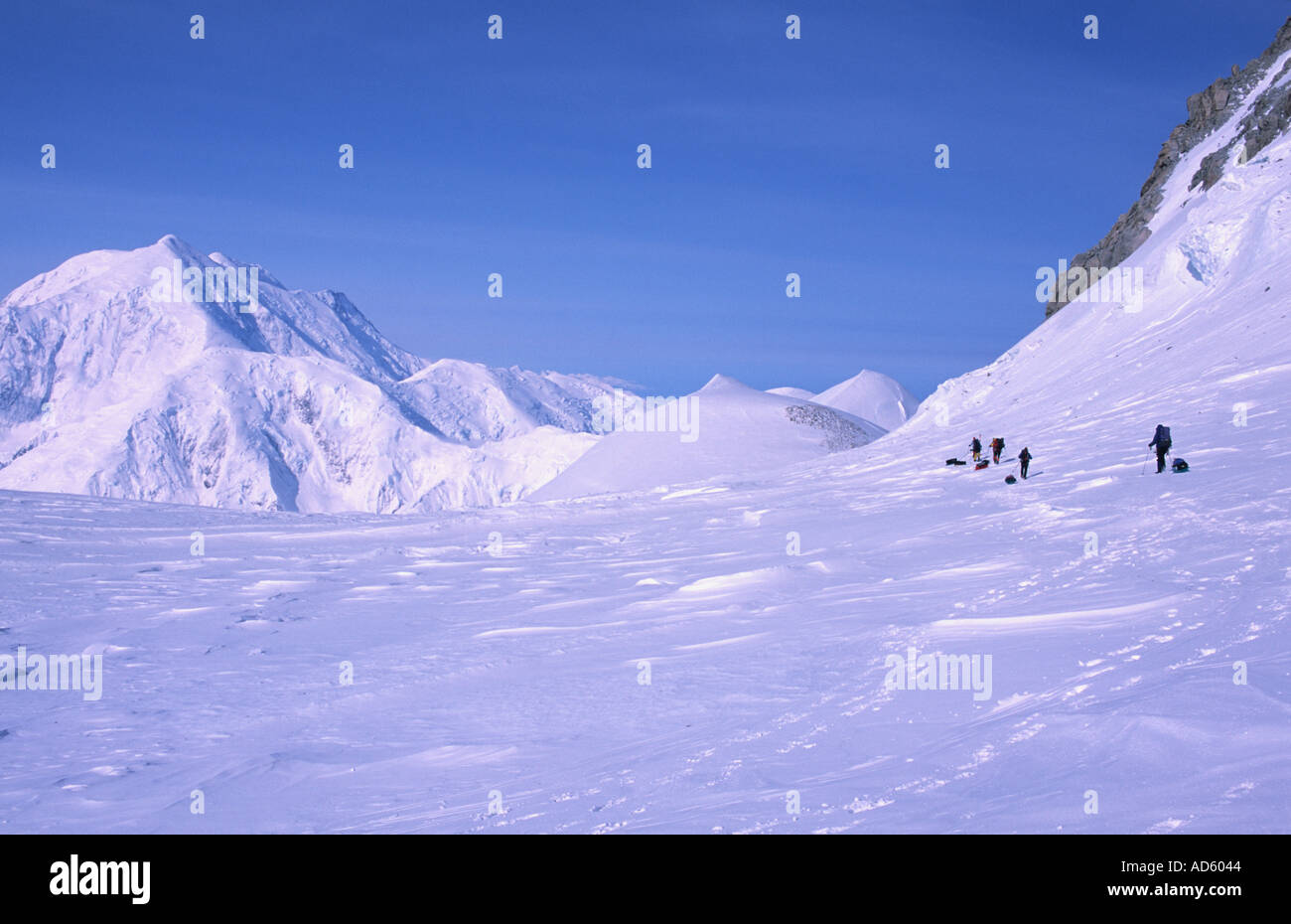 Mountaineers descending on the West Buttress route backdropped by Mt ...