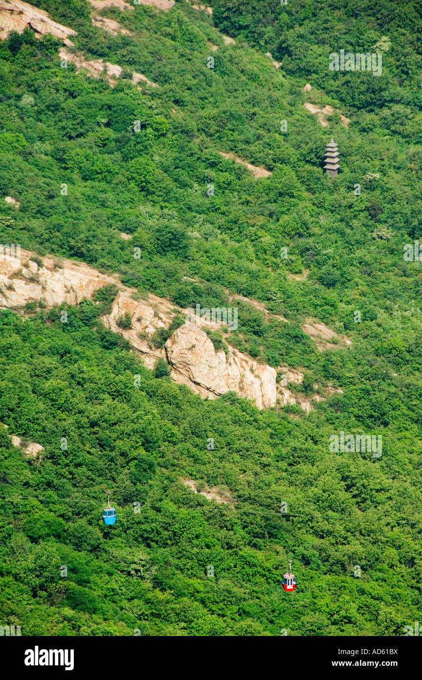 a cable car taking tourists up to Song Shan mountain birthplace of Kung ...