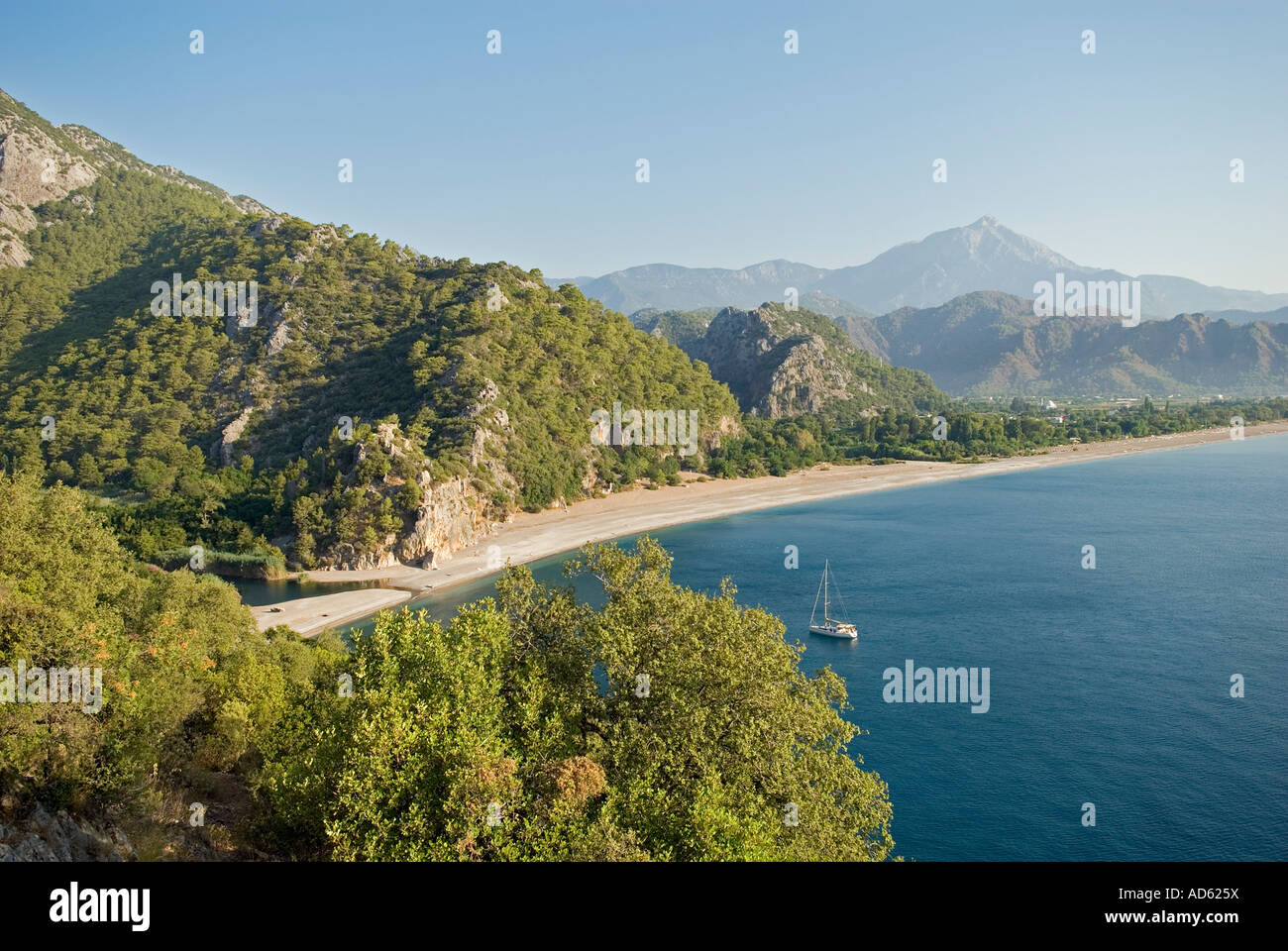 Aerial view of Cirali Beach from ancient Olympos ruins, Antalya Turkey ...