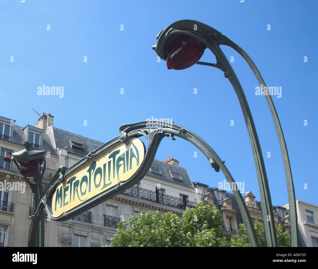 Close up of Metropolitain sign outside Metro station Paris France ...